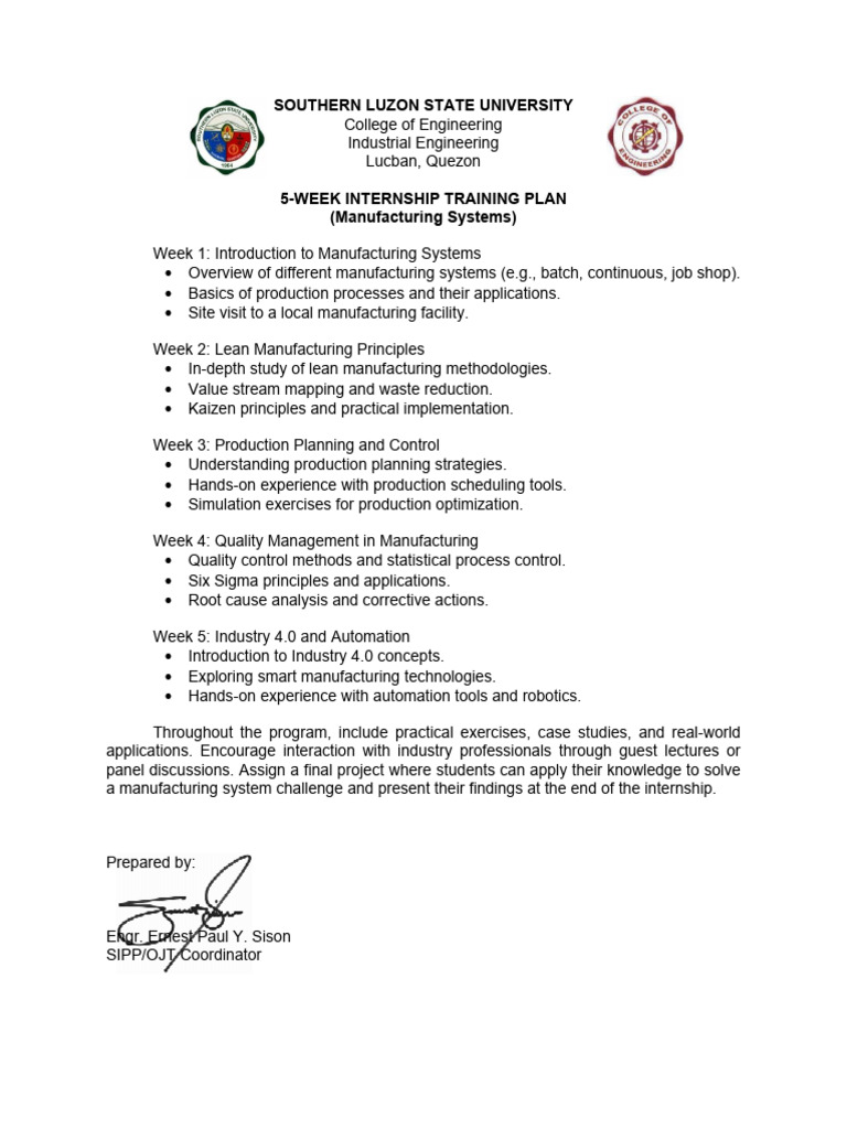 Internship Training Plan | PDF | Industrial Engineering | Engineering