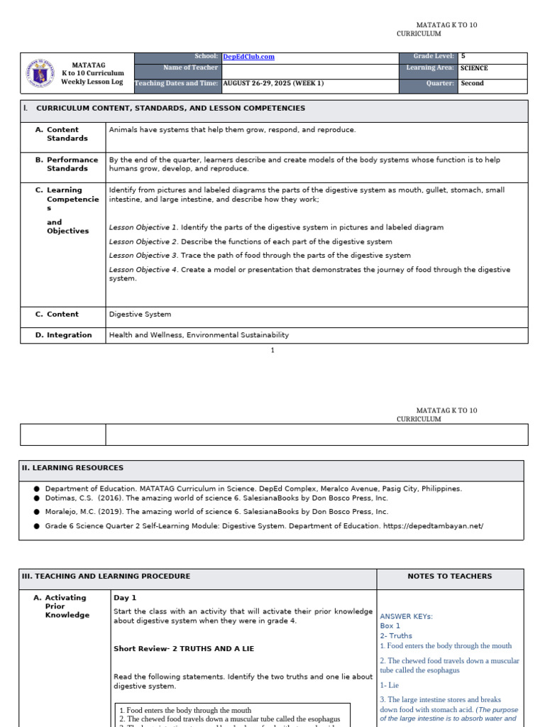 DLL Matatag - Science 5 q2 w1 | PDF | Digestion | Gastrointestinal Tract