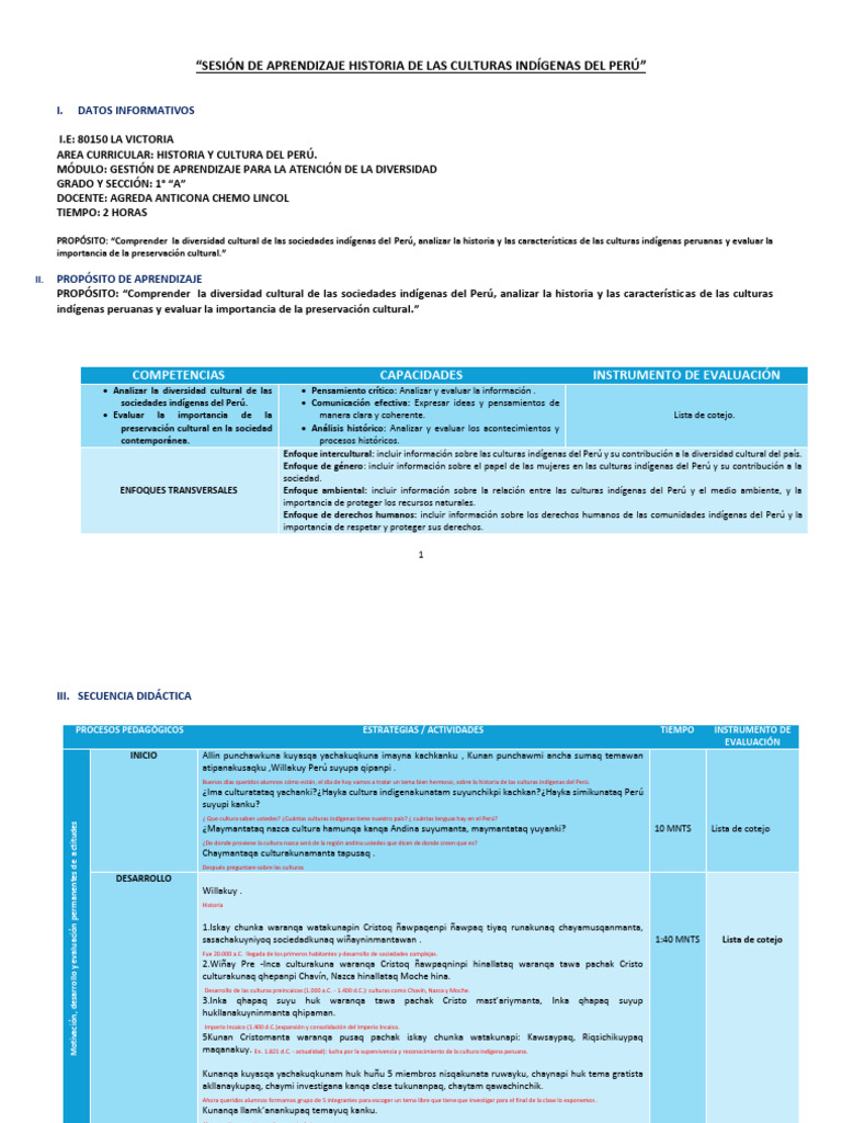 Sesion_de_aprendizaje QUECHUA | PDF | Aprendizaje | Perú
