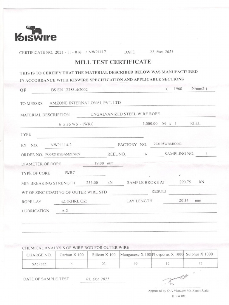 Wire Rope Test Certificate | PDF
