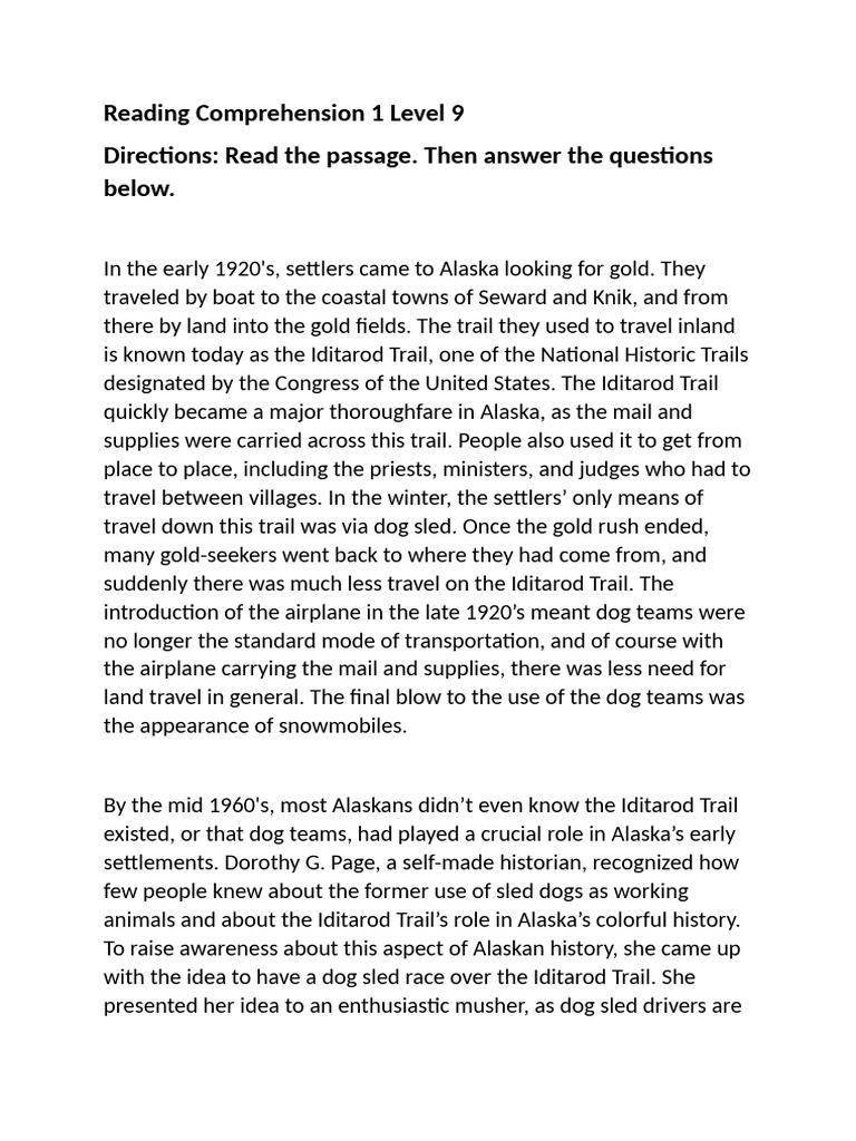Reading Comprehension 1 | PDF | Iditarod Trail Sled Dog Race | Dog ...
