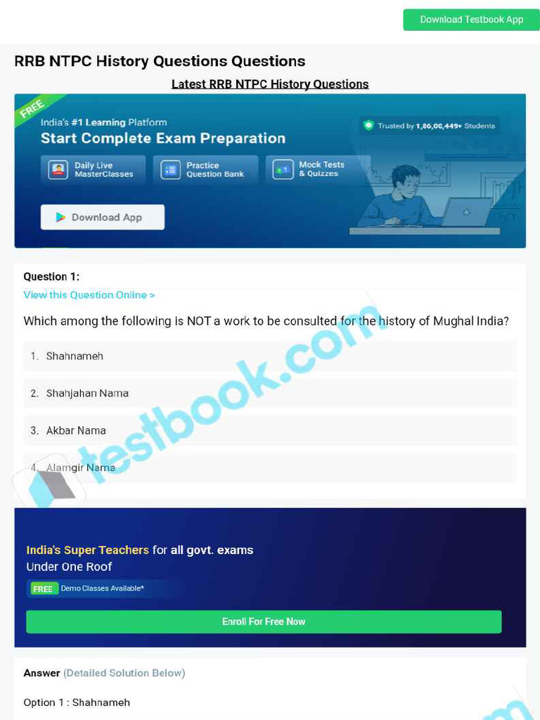 RRB NTPC History Questions 64b552e25892952591cb974e | PDF