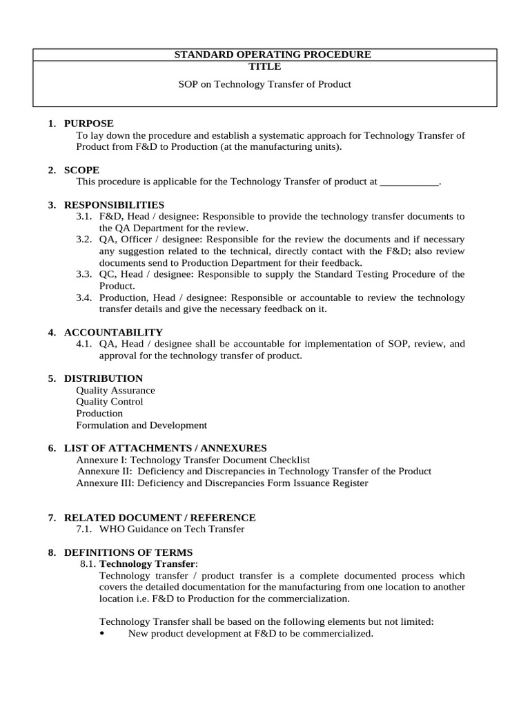 SOP On Technology Transfer of Product | PDF | Quality Assurance ...