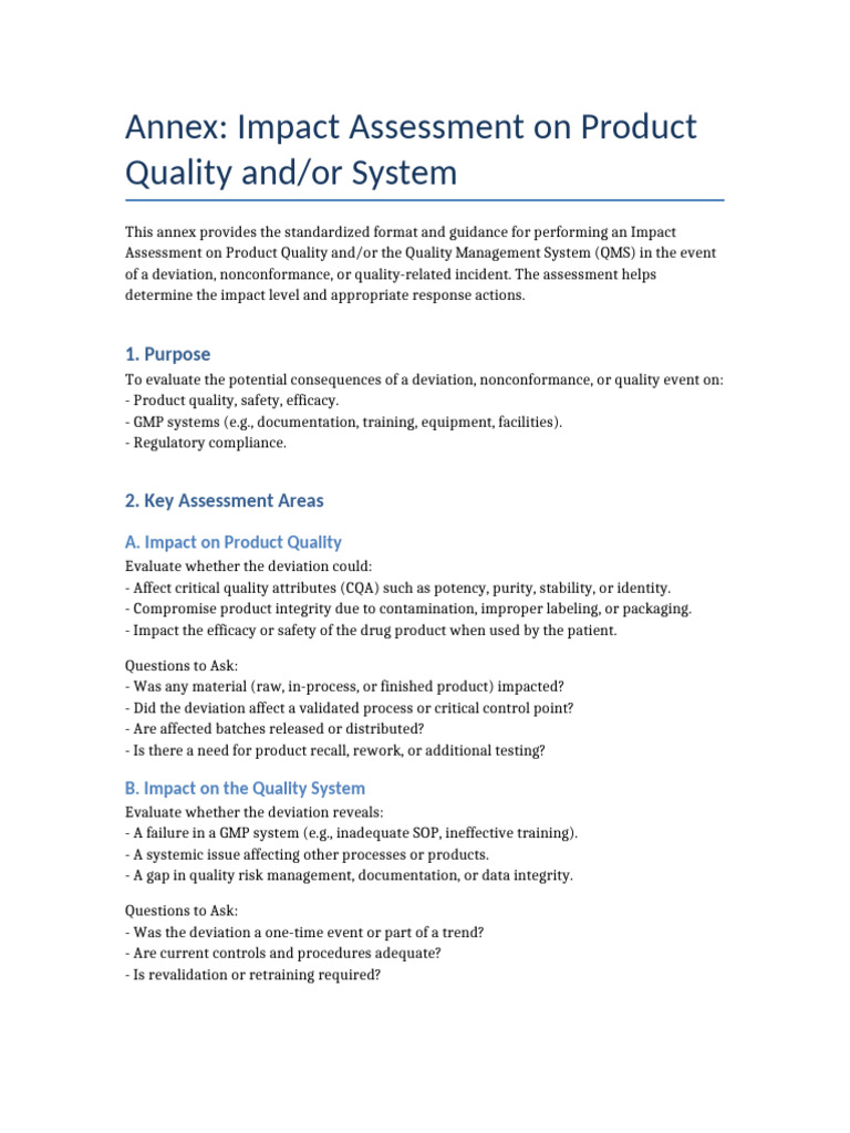 Impact Assessment Template for Pharma | PDF | Risk | Quality Management ...