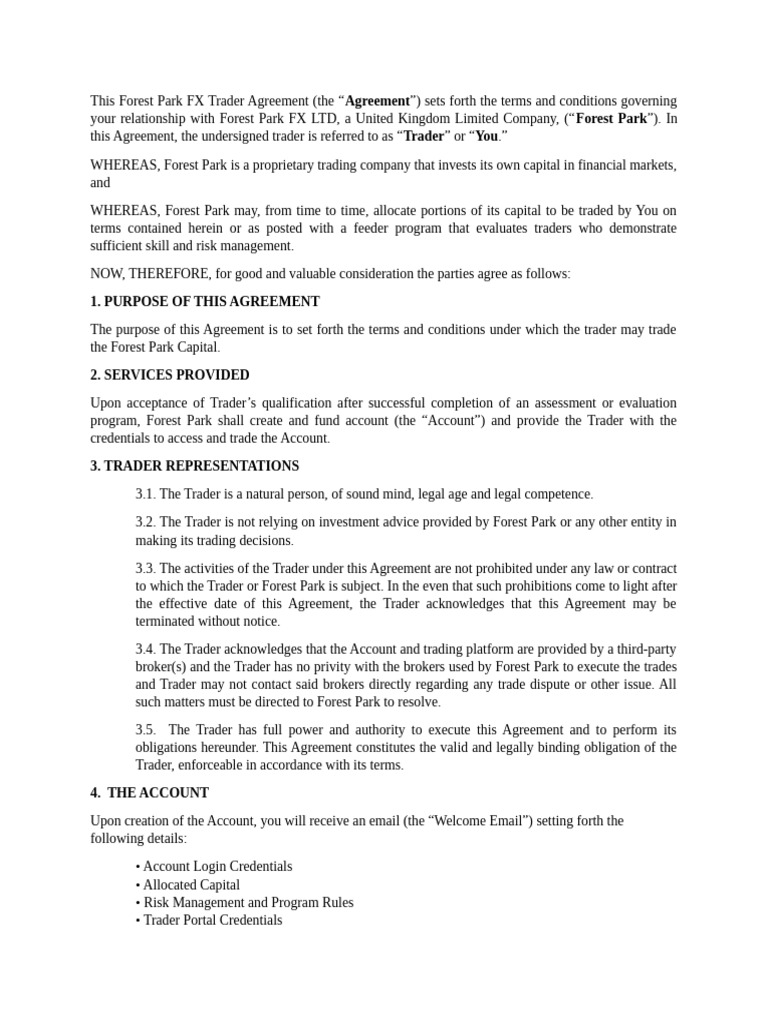 Forest Park FX LTD Trader Agreement (WL2) Apr 2025 | PDF | Indemnity ...