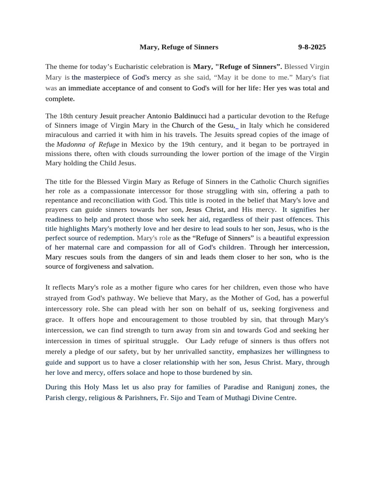 9-8-25 Mass Introduction Refuge of Sinners & Prayer of The Faithful | PDF | Mary, Mother Of ...