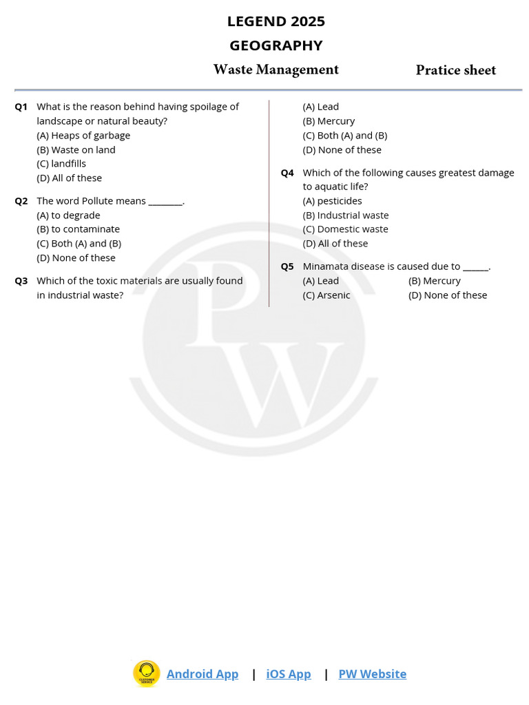 Geography - Waste Management Practice Sheet | PDF