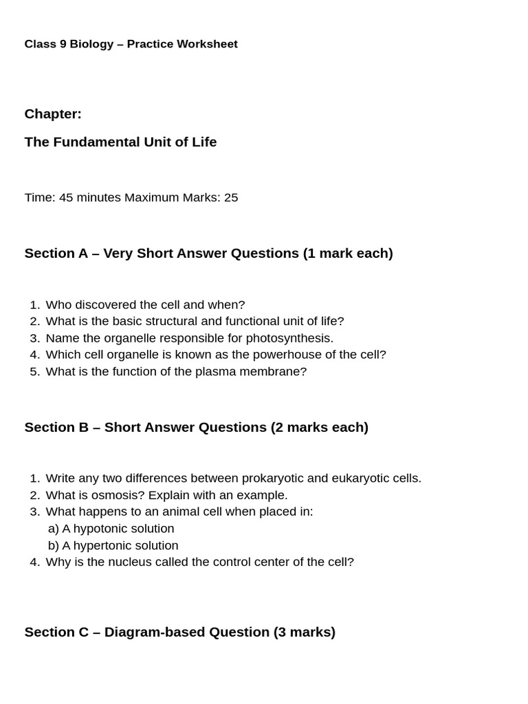 Class 9 Biology: Cell Structure Worksheet | PDF