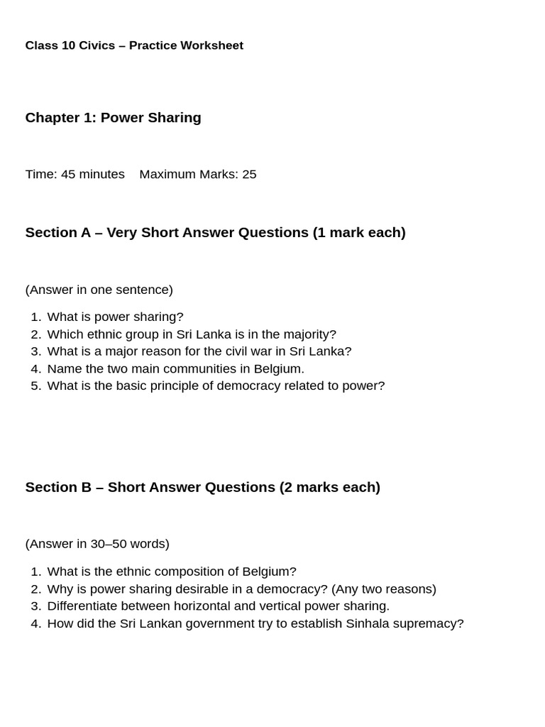 Class 10 Civics - Practice Worksheet PDF | PDF