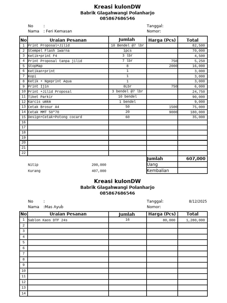 Template Nota Kosong Excel | PDF