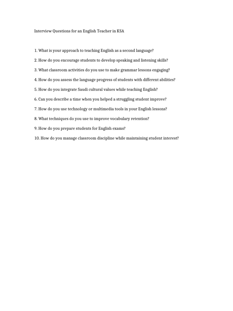 Interview Questions English Teacher | PDF