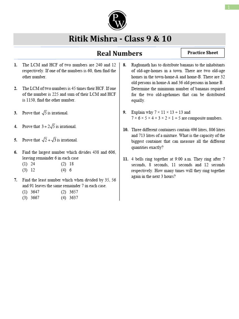 689c663c82996fa51ed5028d - ## - Real Numbers: Practice Sheet - Ritik ...