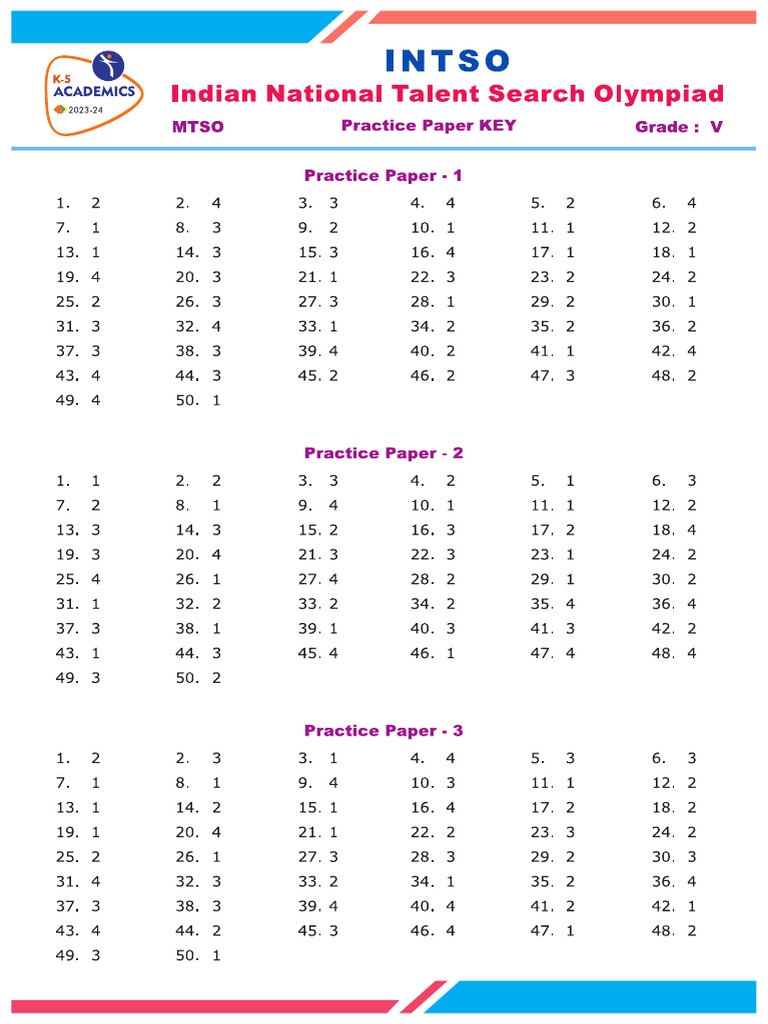 INTSO MTSO Grade-5 Practice Paper-1 To 5 Key 2023 | PDF