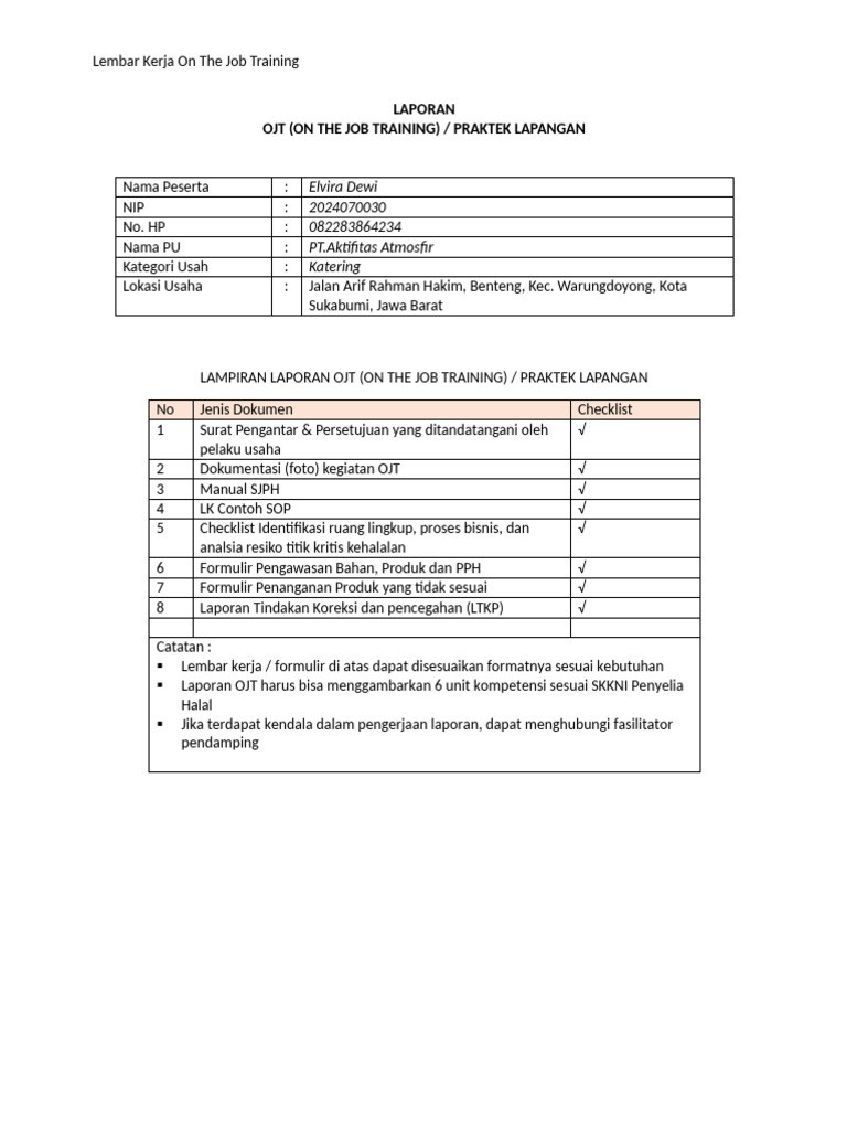 Checklist OJT Katering Halal | PDF