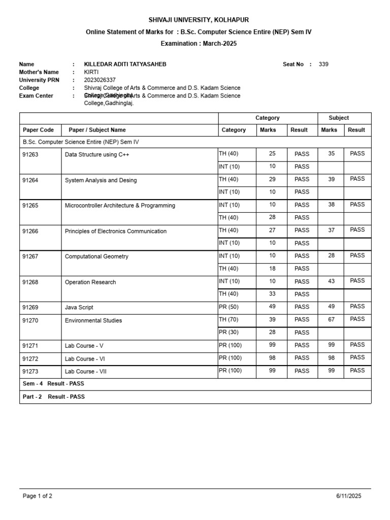 Shivaji University, Kolhapur Online Statement of Marks For: B.Sc ...
