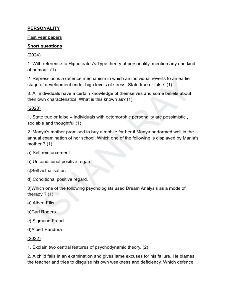 Personality Theory Exam Questions 2024 | PDF | Personality Psychology ...