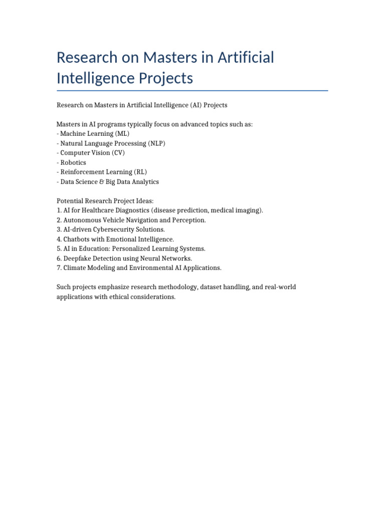 Masters in AI Research Project Ideas | PDF