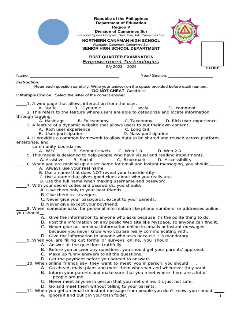 First Periodical Exam (Empowerment Technologies) | PDF | World Wide Web | Internet & Web