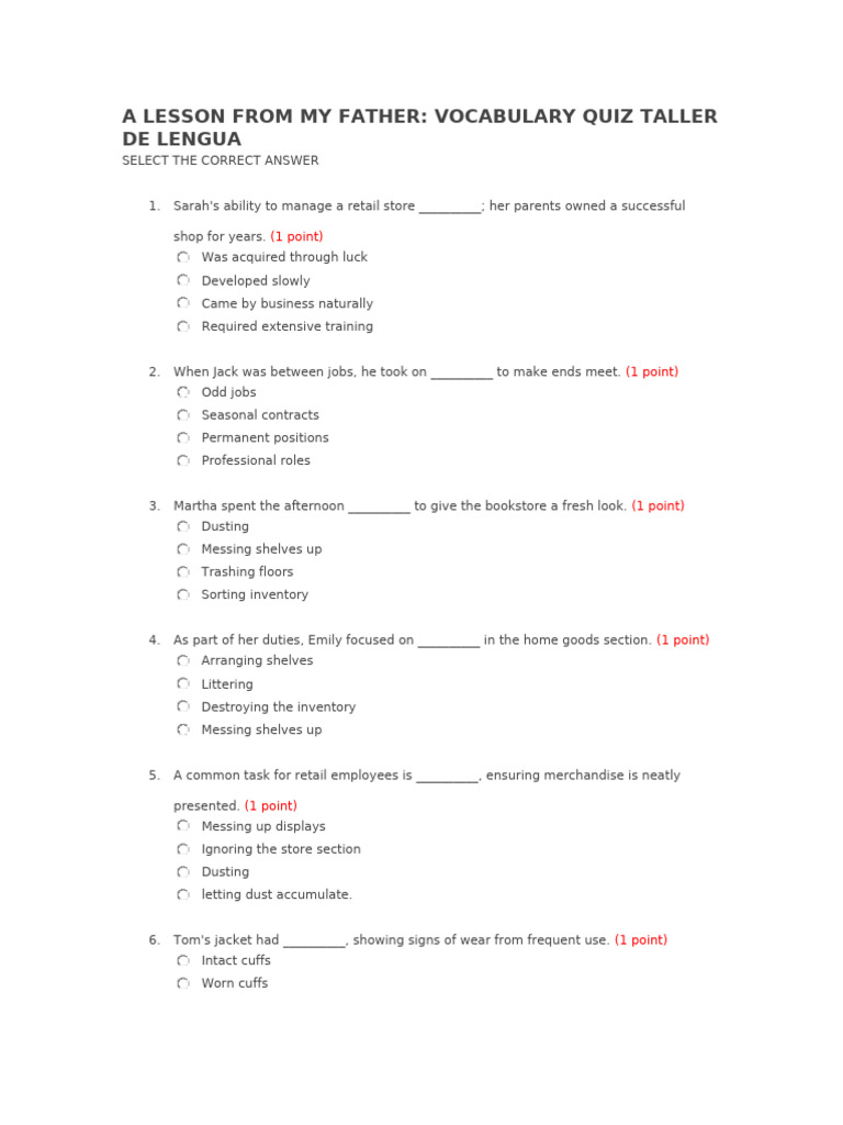 A Lesson From My Father Quiz | PDF