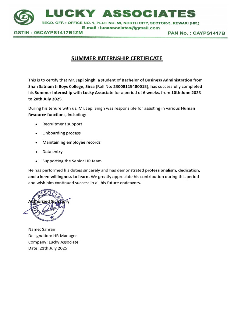 JP Summer Internship Certificate | PDF