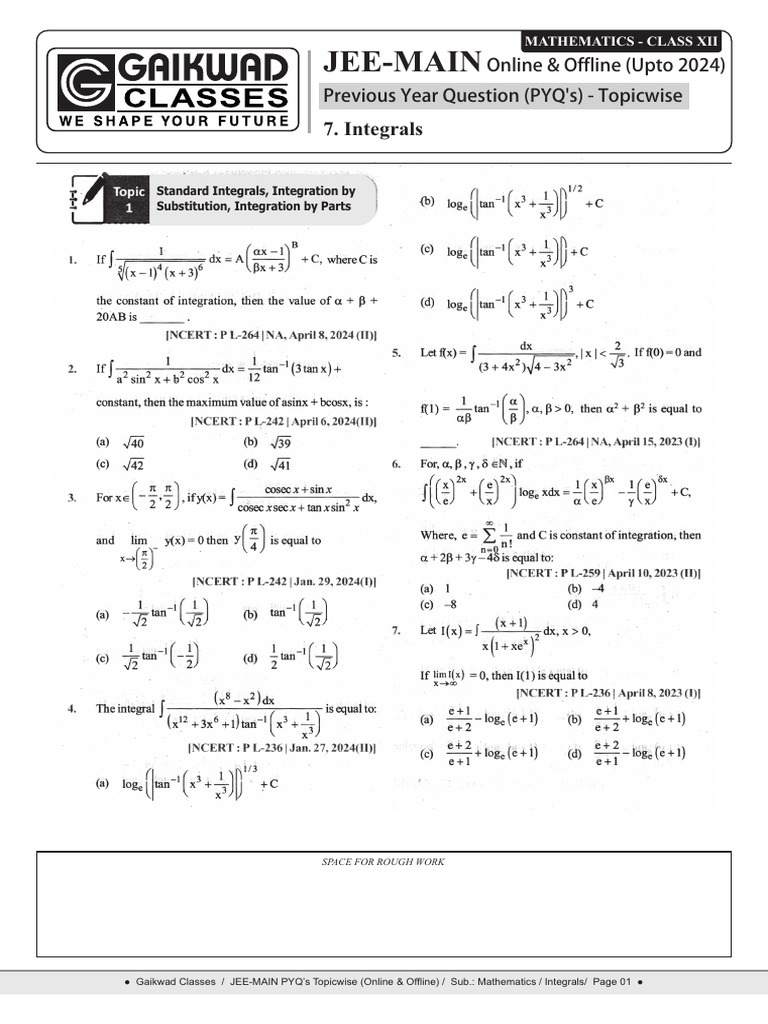 JEE-MAIN Integrals Topicwise PYQs | PDF | Physics | Integral