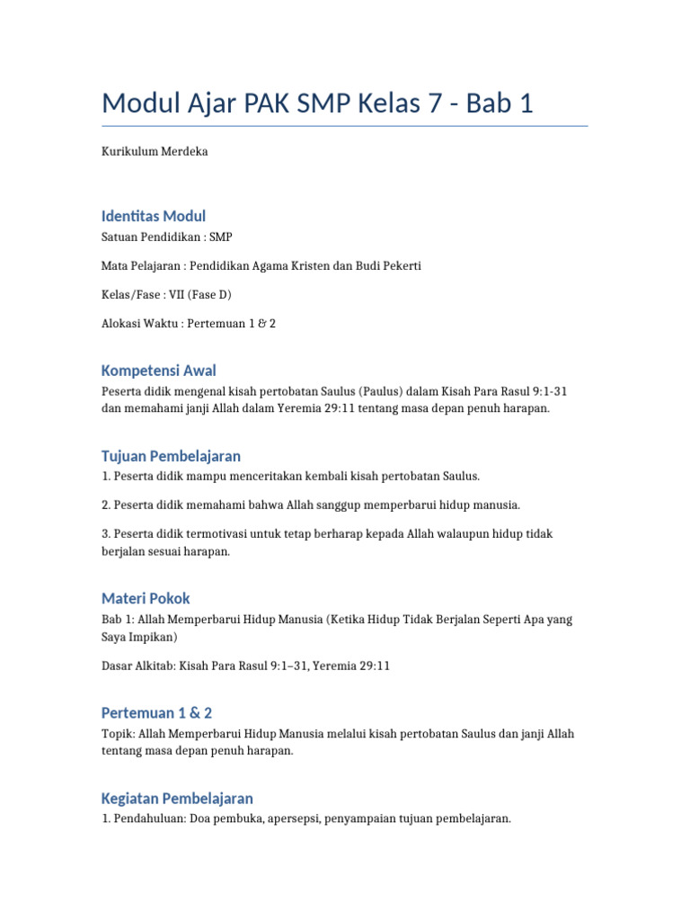 Modul Ajar PAK SMP Kelas7 Bab1 | PDF