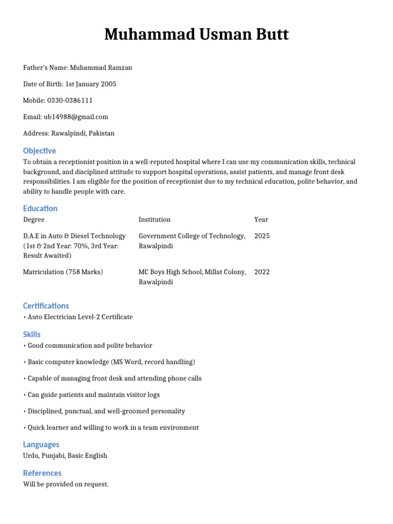 Muhammad Usman Butt CV OnePage | PDF