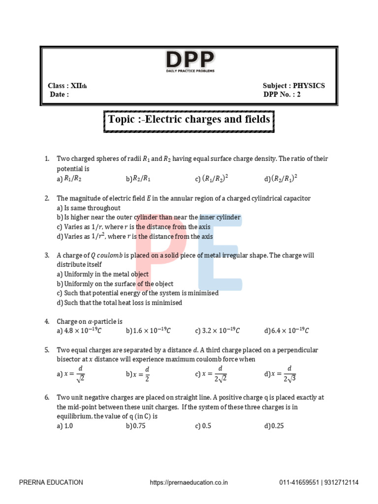 Electric Charges and Fields DPP 2 | PDF | Capacitor | Capacitance