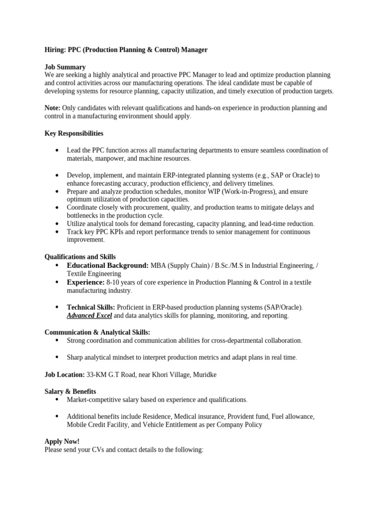 PPC Manager Job in Textile Industry | PDF | Supply Chain | Economies