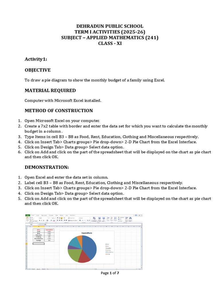 Term I Applied Mathematics Activities (241) Class Xi 2024-25 | PDF | Microsoft Excel | Spreadsheet
