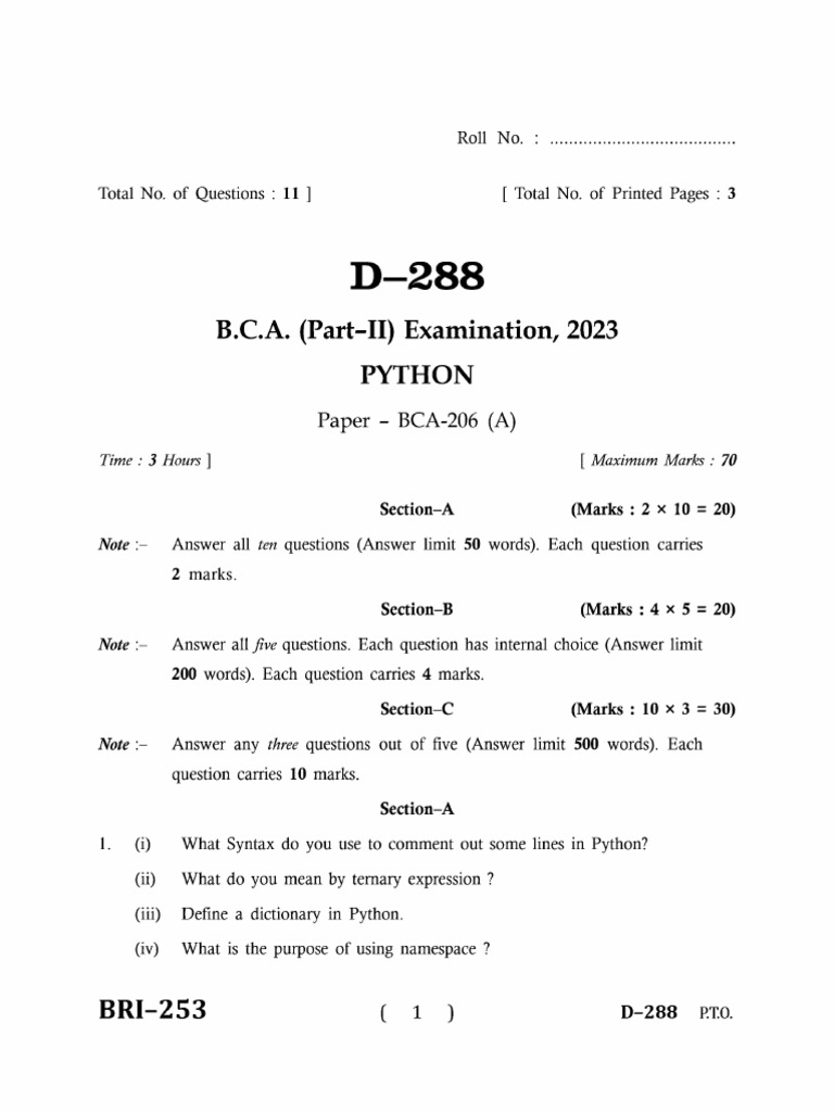 Bca Part 2 Python D 288 2023 | PDF