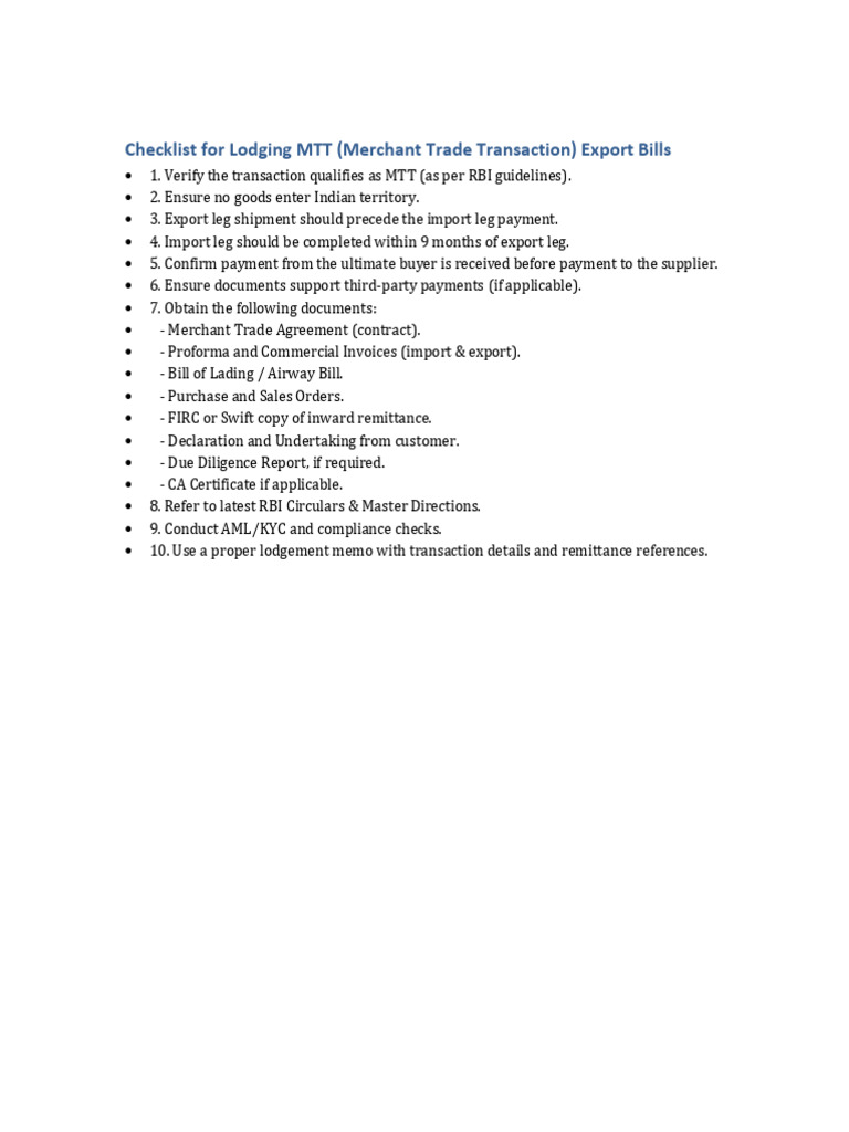 MTT Checklist Export Documents | PDF