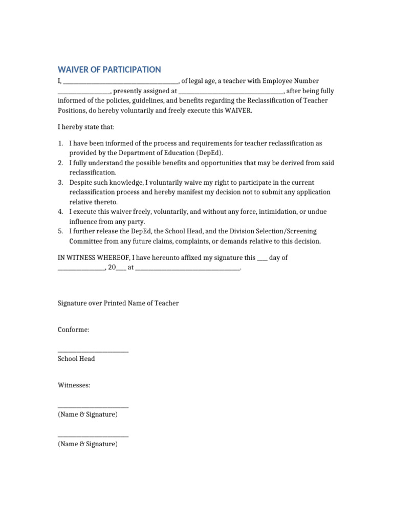 Waiver of Participation Teacher Reclassification | PDF