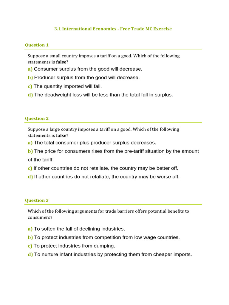 3.1 International Economics - Free Trade MC Exercise | PDF