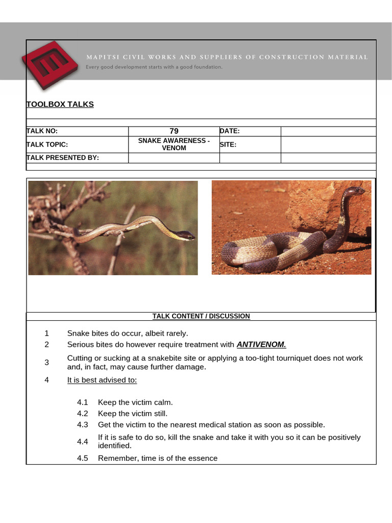 Snake Awareness Toolbox Talk | PDF