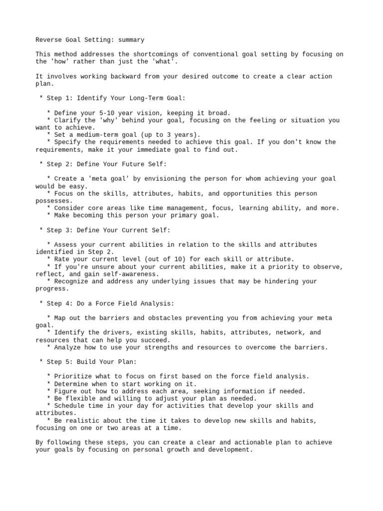 Reverse Goal Setting Summary | PDF