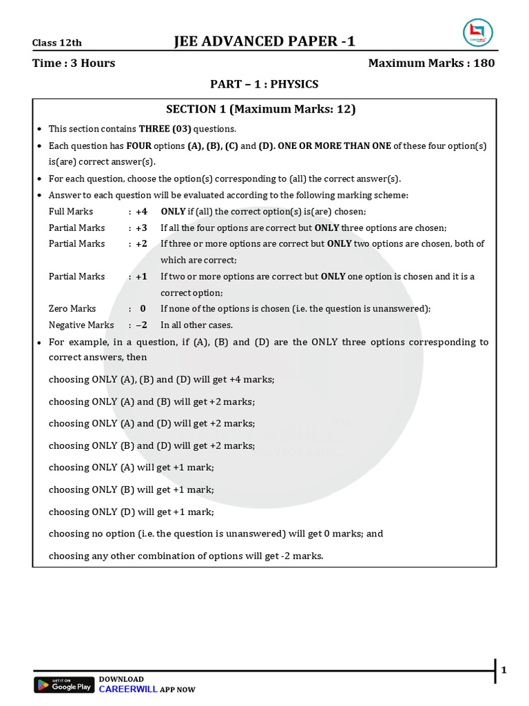 JEE Advanced Paper 1 Physics Class 12 | PDF | Function (Mathematics ...