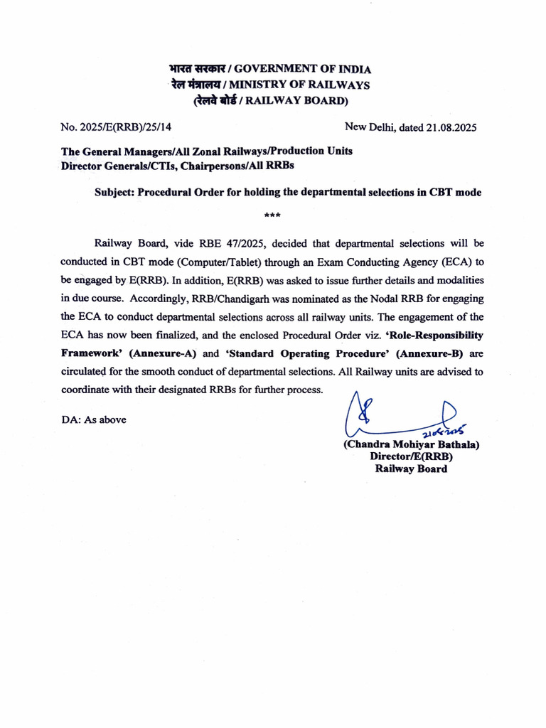 RB Letter With Procedural Order For CBT Based Departmental Selections ...
