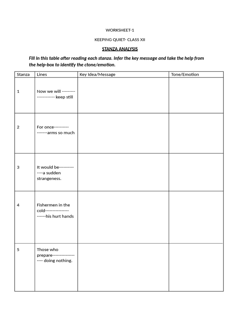 Stanza Analysis Worksheet for "Keeping Quiet" | PDF