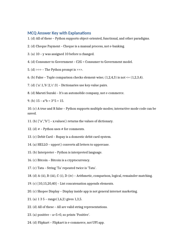 MCQ Python ECommerce Answers Explanations | PDF