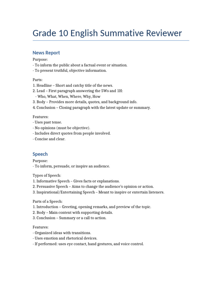 Grade 10 English Summative Guide | PDF
