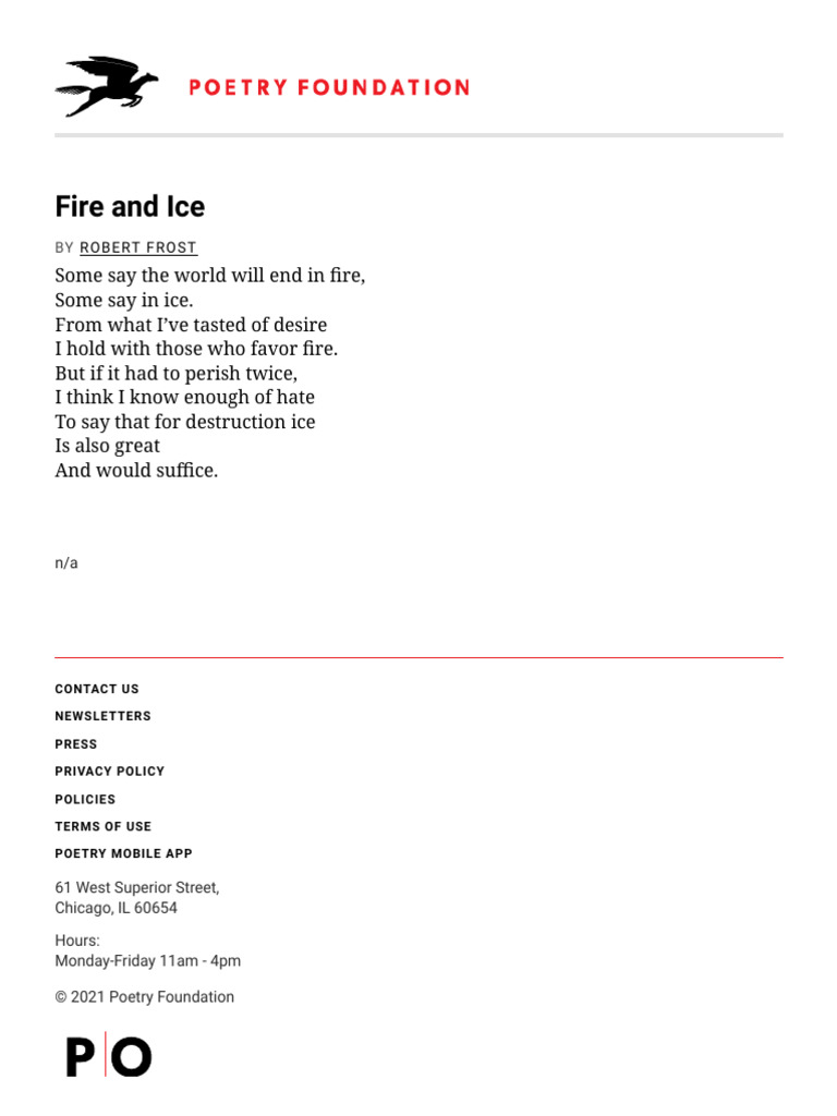 Fire and Ice by Robert Frost - Poetry Foundation | PDF