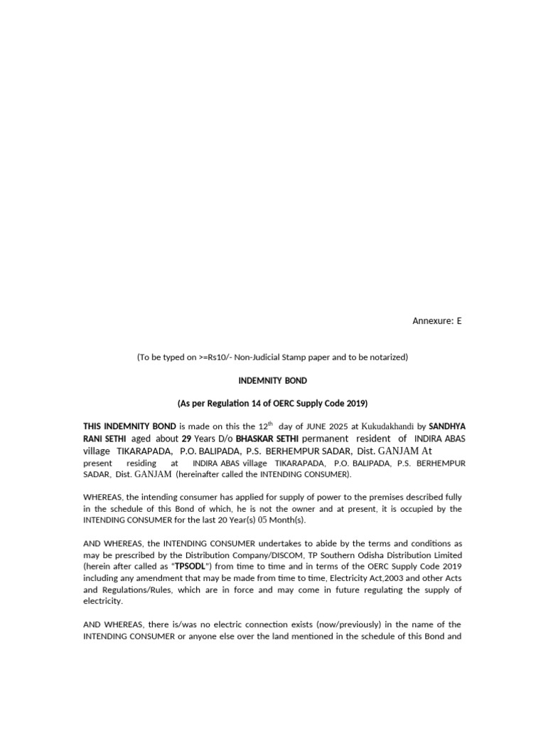 Indemnity Bond-New Connection 18 | PDF | Indemnity | Civil Law (Legal ...