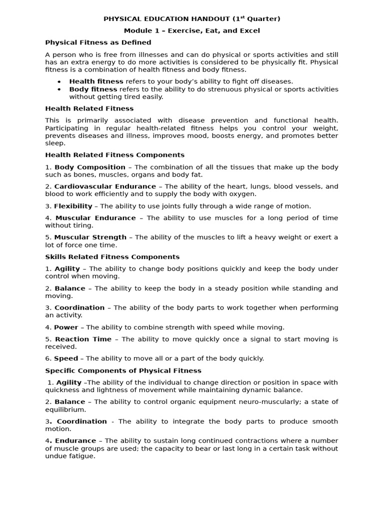 Physical Education Handout | PDF | Physical Fitness | Hyperthermia