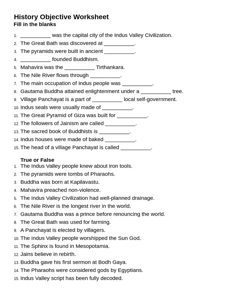 History Objective Worksheet for Students | PDF | Ancient Egypt | Indian ...
