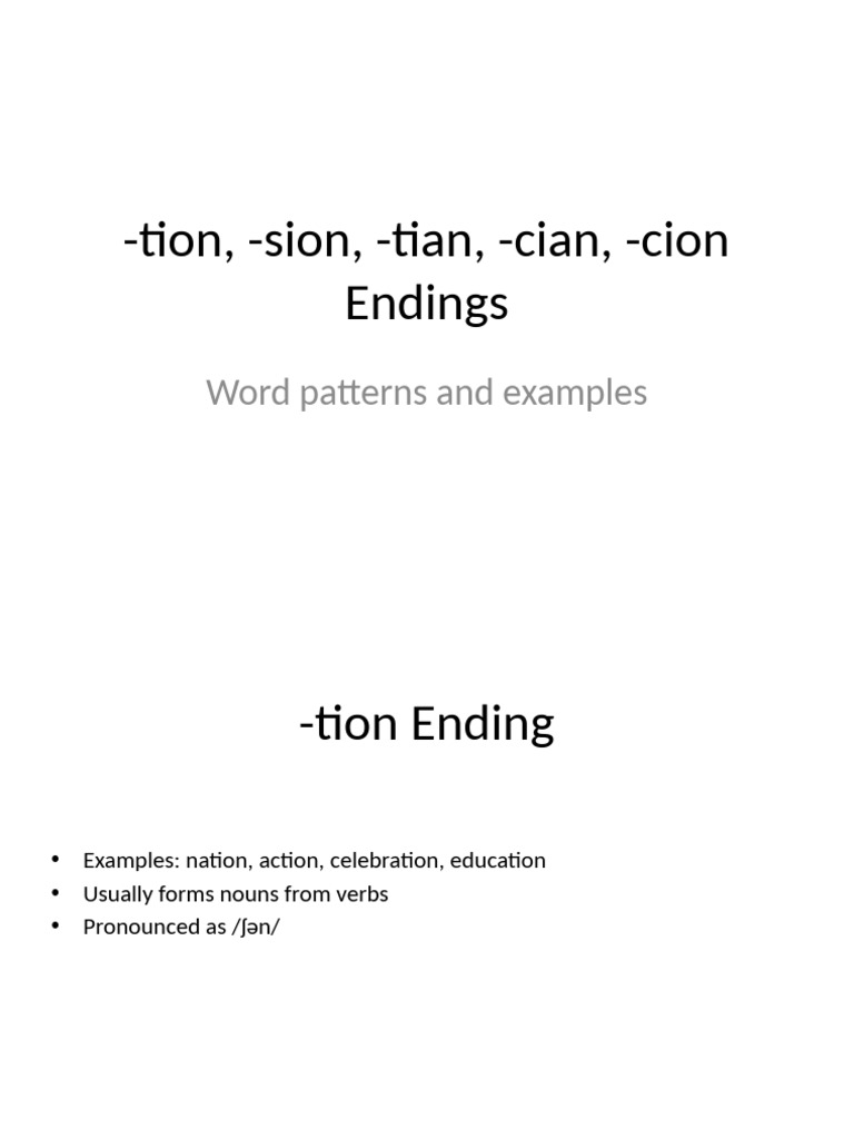 Word Endings Tion Sion Tian Cian Cion | PDF