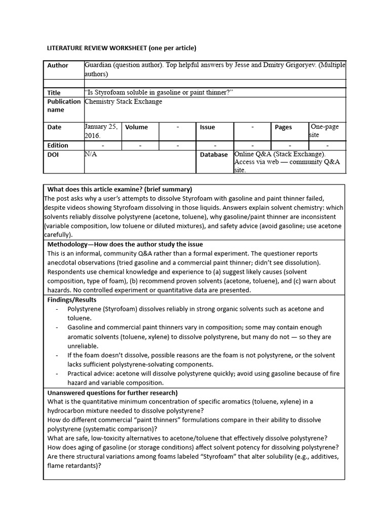 Group 3 - Literature Review Worksheet | PDF | Toluene | Polystyrene