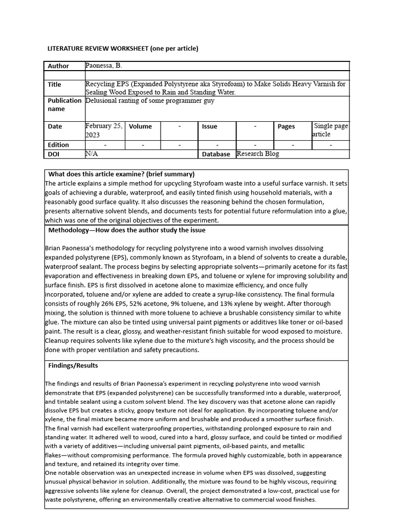 Group 3 - Literature Review Worksheet | PDF | Varnish | Polystyrene