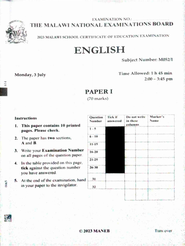 2023 Msce Eng P1-1 | PDF