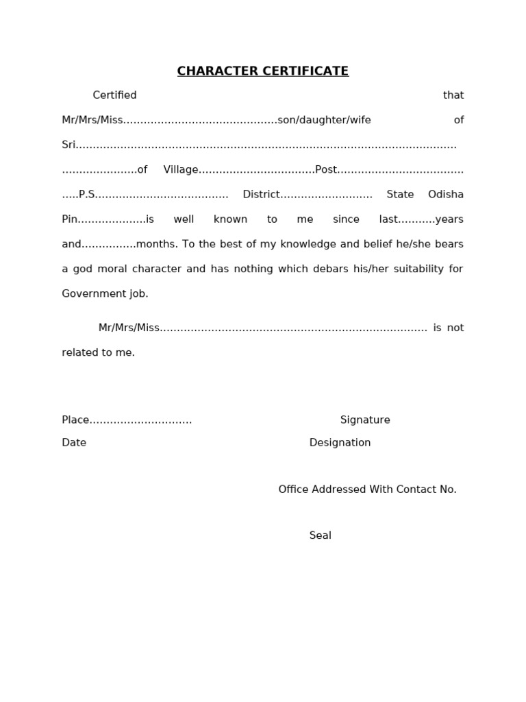 Character Certificate Format for Odisha | PDF